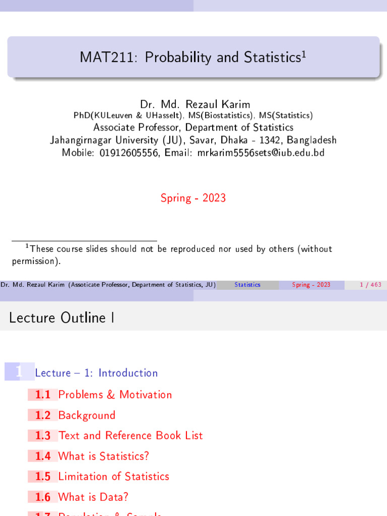 MAT211: Probability & Statistics Course | PDF | Mean | Statistics