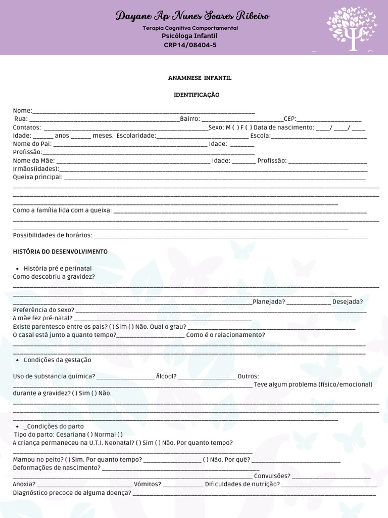 Ficha de Anamnese Infantil | PDF | Psiquiatria | Psicologia