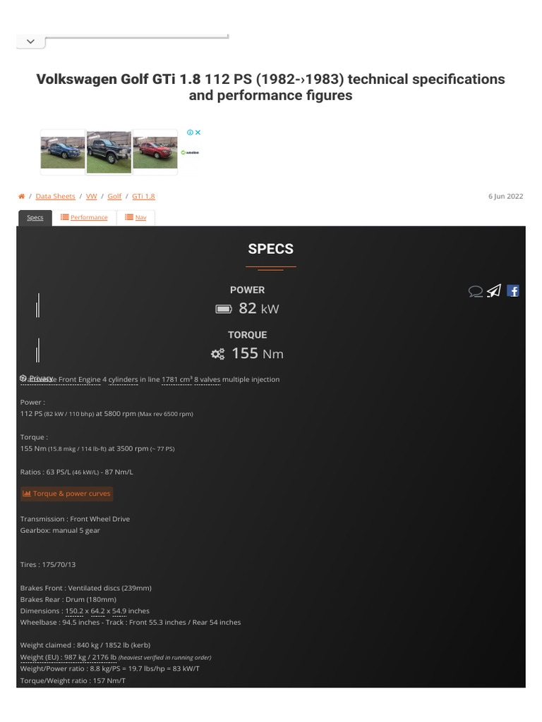 VW Golf GTi 1.8 112 Hp - Specs & Performance | PDF | Horsepower | Vehicles