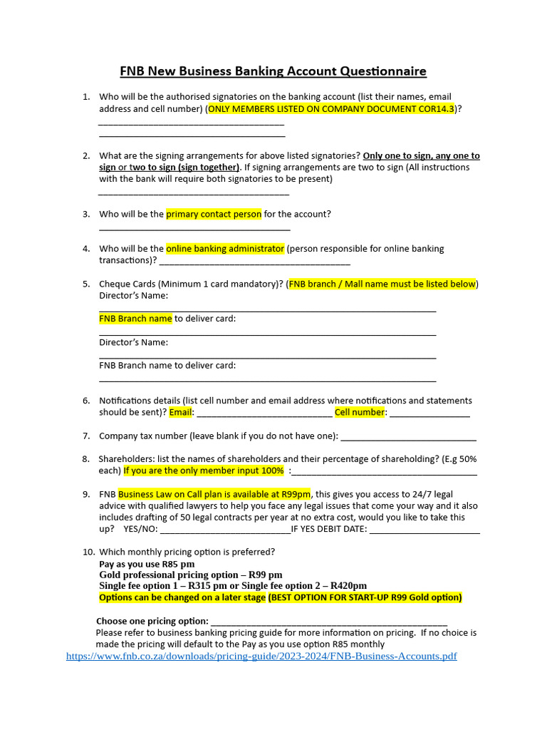 FNB New Business Banking Account Questionnaire 2023 2024 | PDF | Banks ...