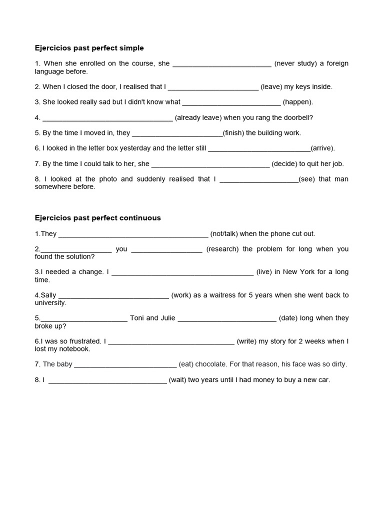Ejercicios past perfect (simple:continuous) | PDF
