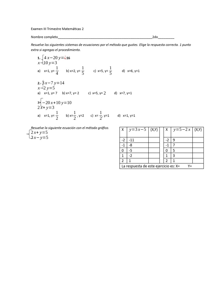 Examen III Trimestre Matemáticas 2 | PDF