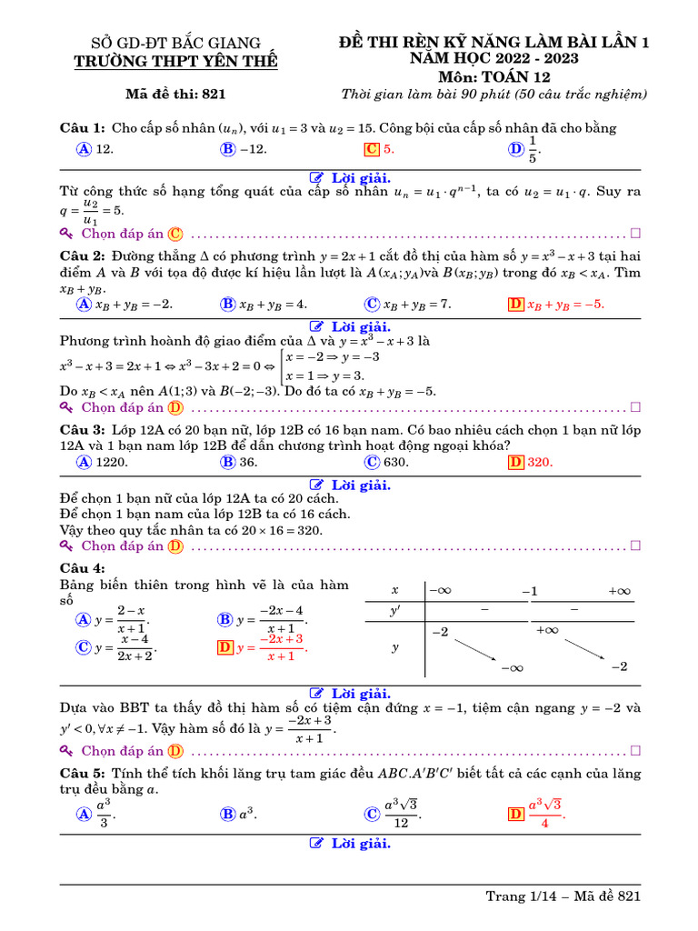 Dap An de Thi Thu THPT Quoc Gia 2023 Mon Toan Lan 1 Yen The | PDF
