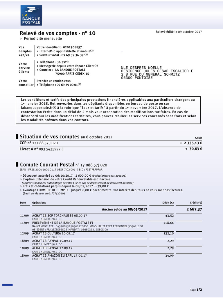 Relevé de compte n° 10 - Octobre 2017 | PDF | Finances personnelles ...