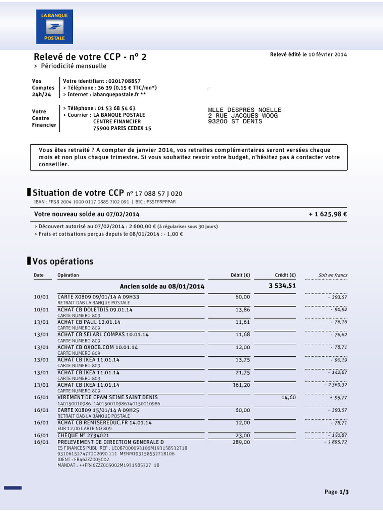 Relevé CCP Février 2014 | PDF | Banques | Bancaire