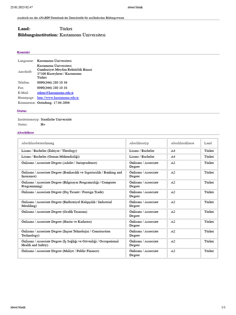Kasstamonu Uni Anabin | PDF
