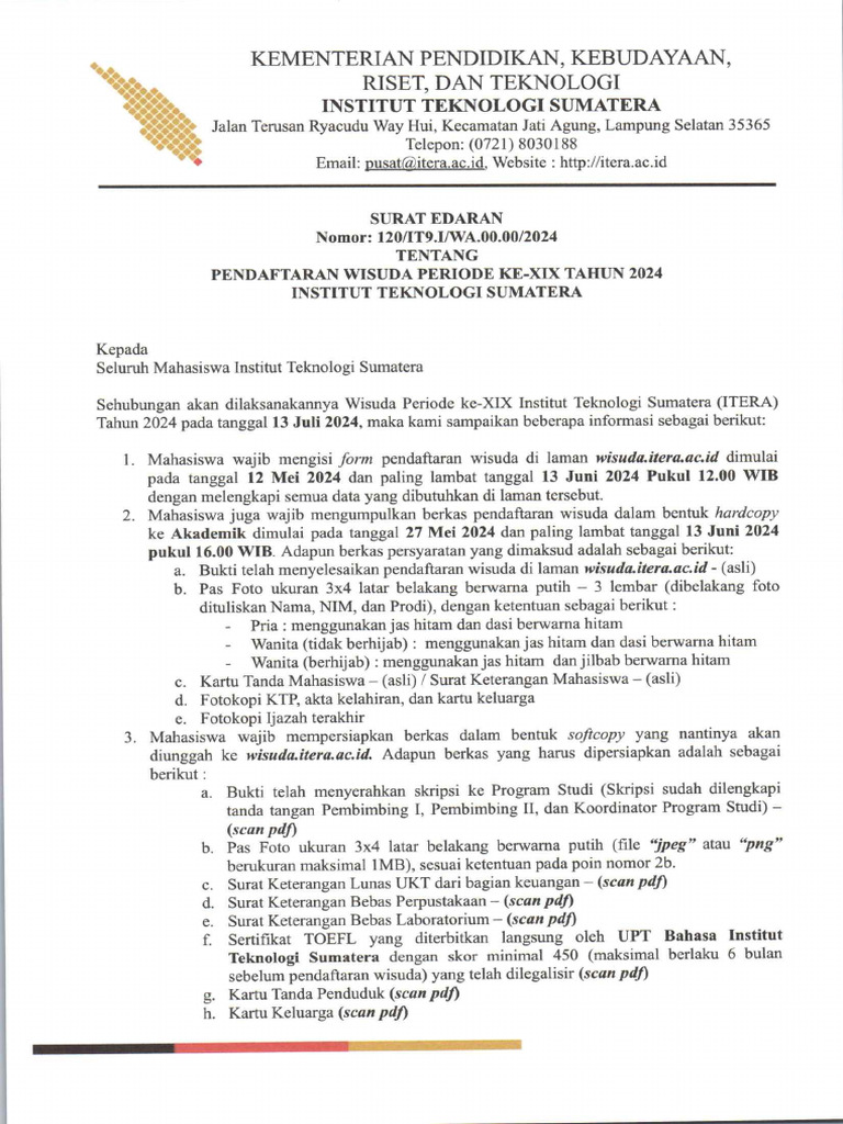 Surat Edaran Pendaftaran Wisuda ITERA XIX 2024 | PDF