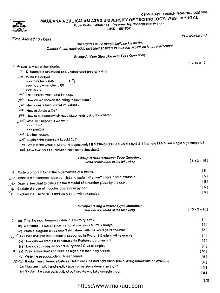 Mca 1 Sem Programming Concept With Python Mcan 101 2023 | PDF