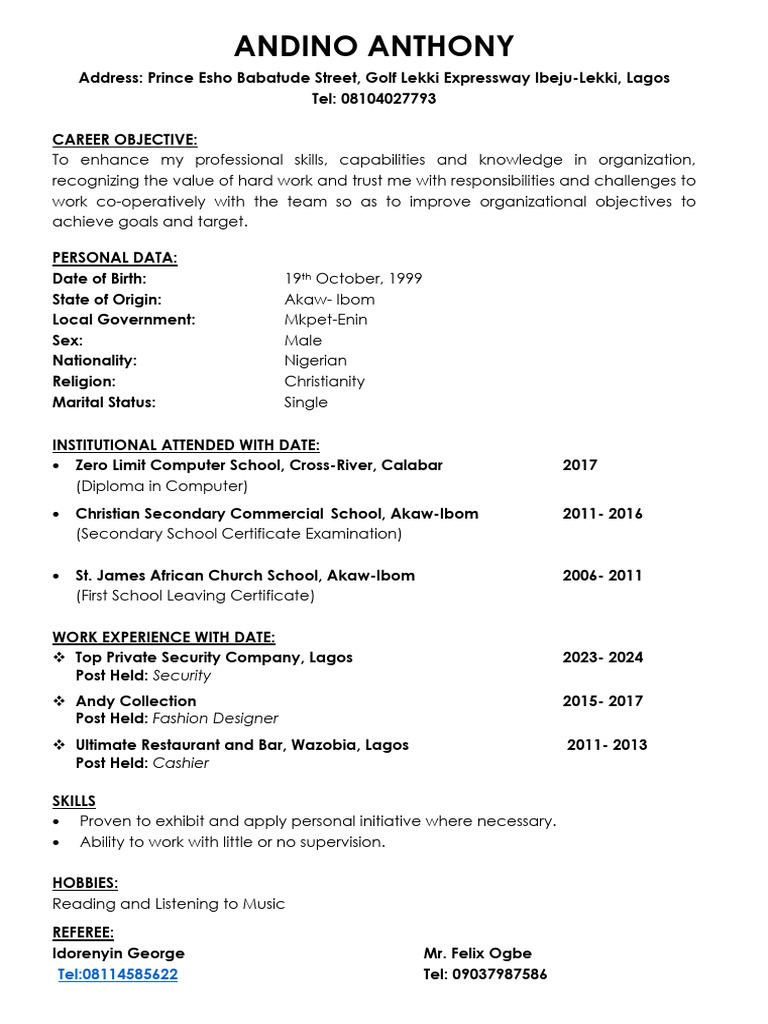 Andino Anthony's Professional Resume | PDF