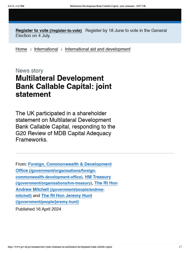 Multilateral Development Bank Callable Capital - Joint Statement - GOV ...