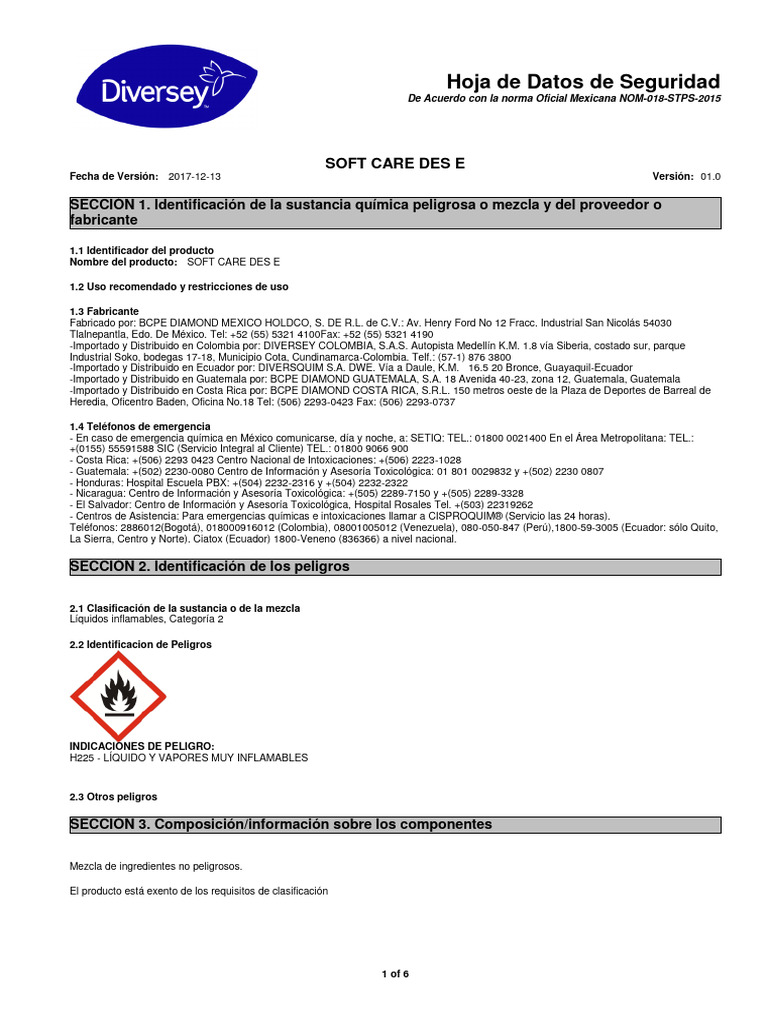 SDS Soft Care Des e | Descargar gratis PDF | Agua | Higiene Ocupacional