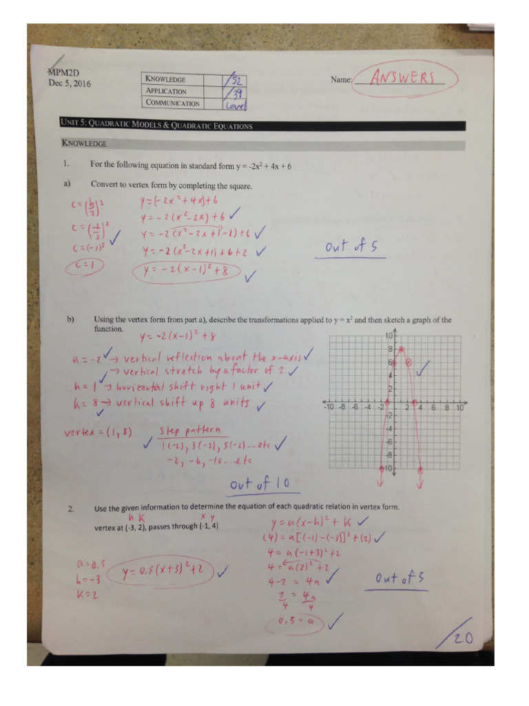 Mpm2d Test 5 Quadratics Equations Quadratic Models Solutions | PDF