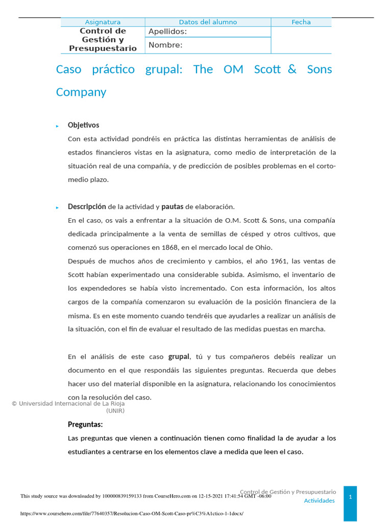 Resolucion Caso OM Scott Caso PR Ctico 1 1 | PDF | Bibliografía | Compartir (Finanzas)