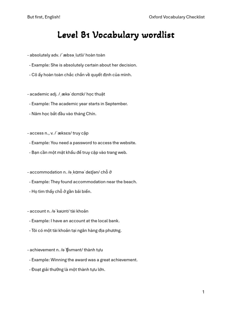 Level B1 Vocabulary Checklist | PDF
