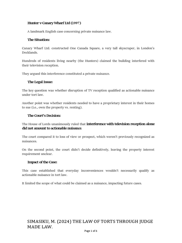 TORT CASES | Download Free PDF | Nuisance | Tort
