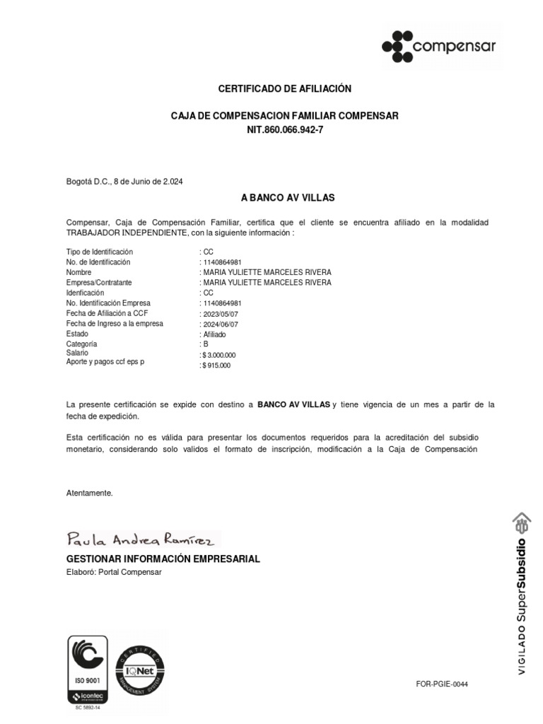Certificado Afiliacion Compensar | PDF