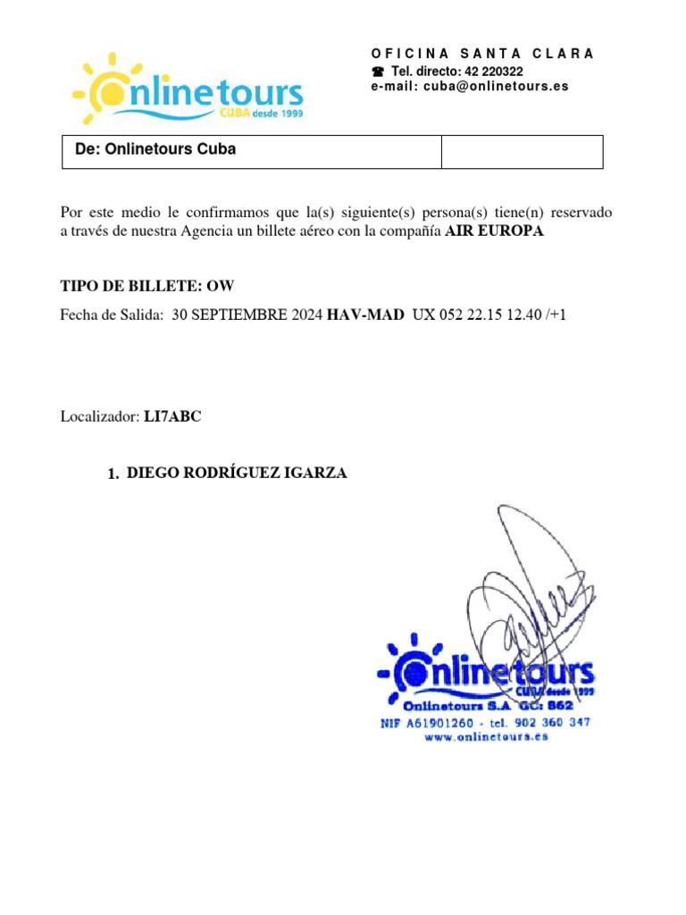 Preboleto Ow Air Europa Mad. Diego | PDF