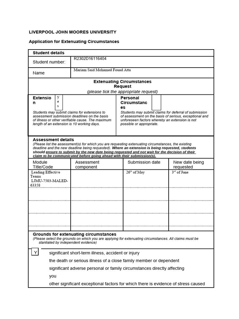 Unicaf - LJMU - Extenuating Circumstances Form | PDF | Mitigating Factor