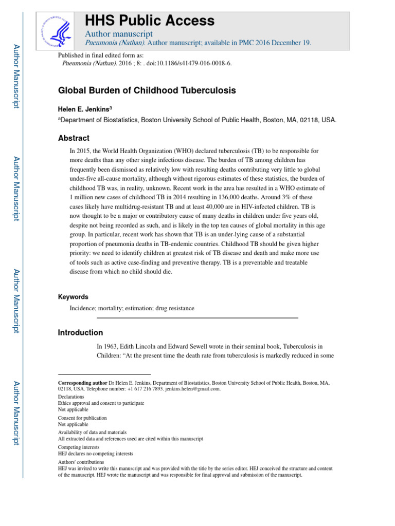 2016 Global Burden of Childhood Tuberculosis | PDF | Tuberculosis ...