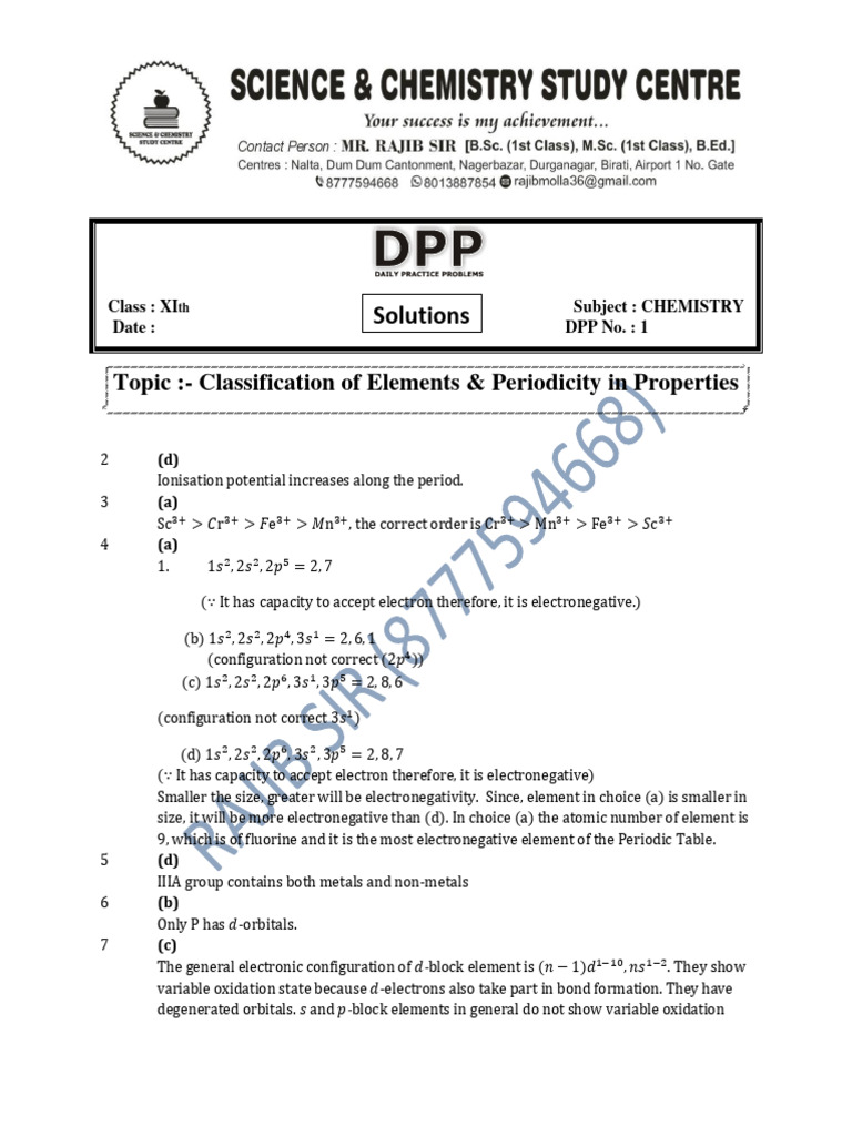 Dpp 1 Solutions Pdf Periodic Table Electron Configuration