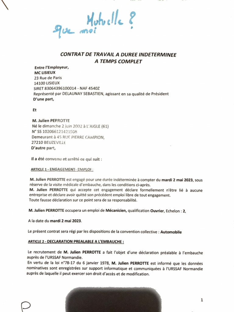 Contrat de Travail + Signature | PDF