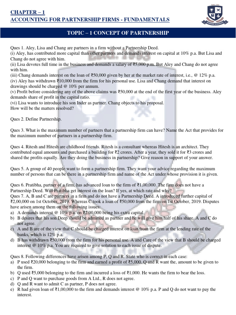 Chapter - 1 Fundamentals of Partnership (Only Question) | PDF ...