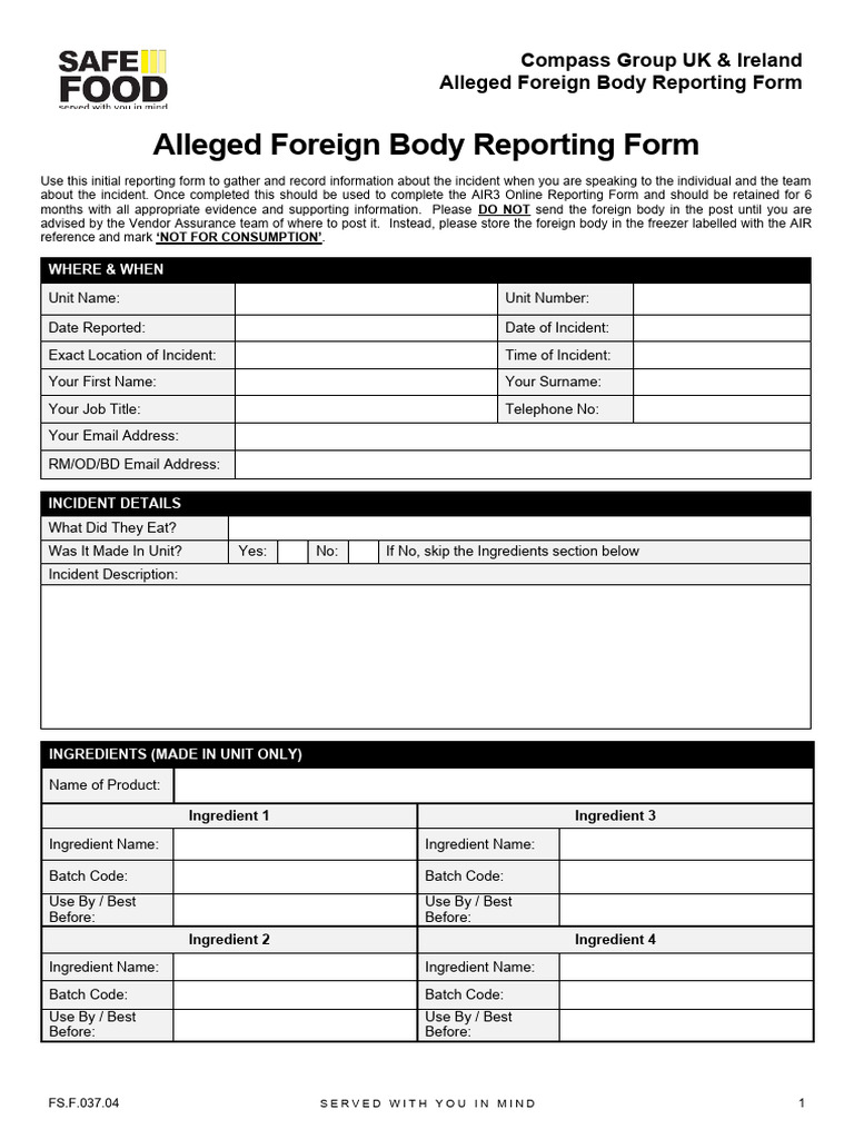 6281foreign Body Reporting Form Fsf03704docx | PDF