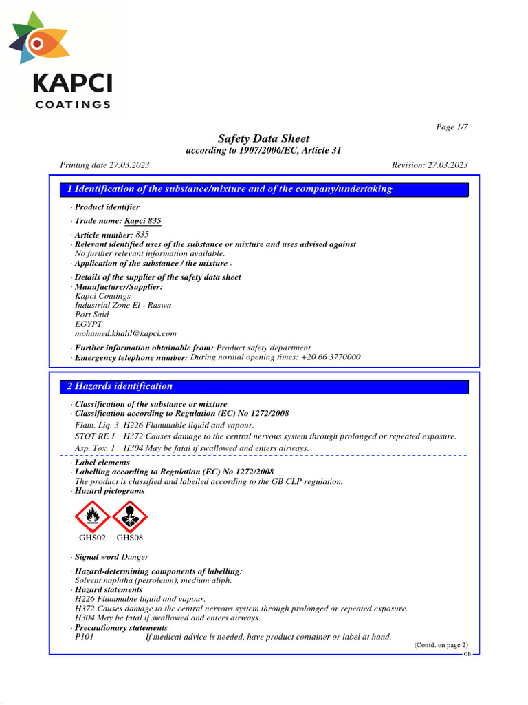 SDS Kapci 835 GB | Download Free PDF | Toxicity | Dangerous Goods