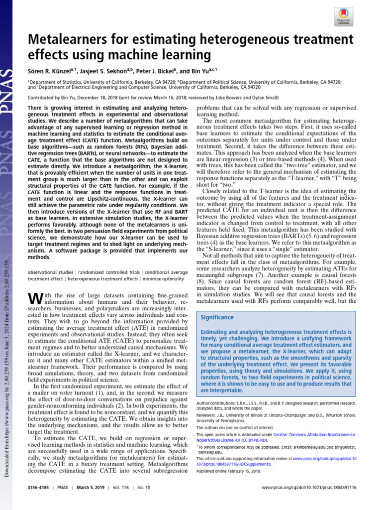 Künzel Et Al 2019 Metalearners For Estimating Heterogeneous Treatment Effects Using Machine