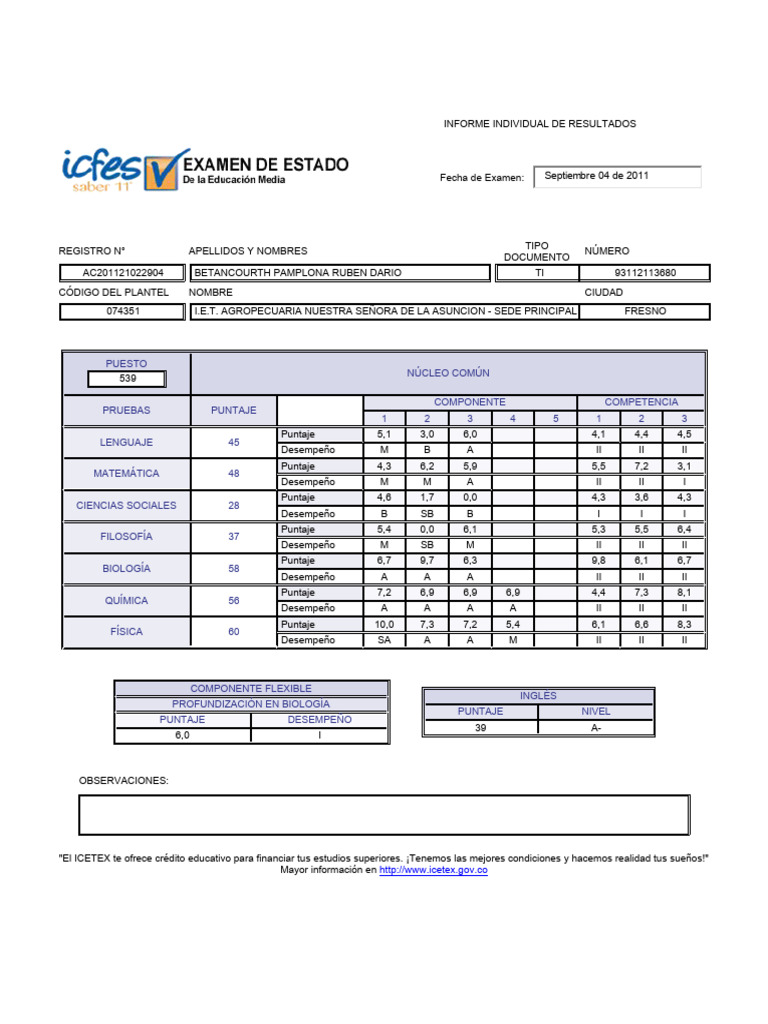 Informe Individual de Resultados Icfes | PDF