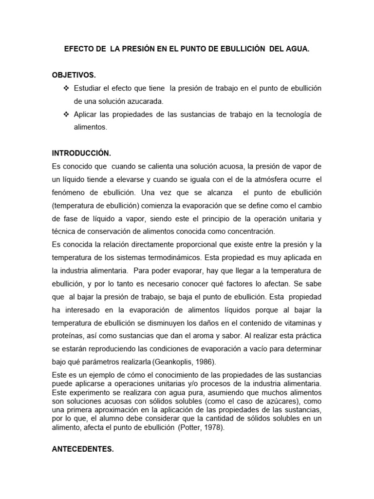 Ebullición y Presión en Alimentos | PDF | Entalpía | Temperatura