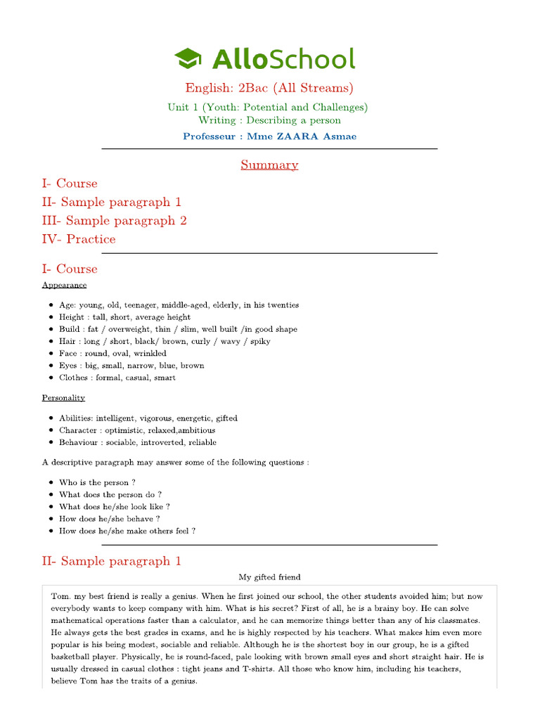 Writing 1 Describing A Person | PDF