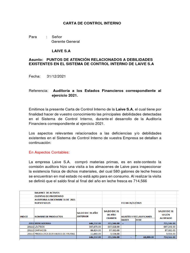 CARTA DE CONTROL INTERNO -TA P | PDF | Business | Seguridad de información