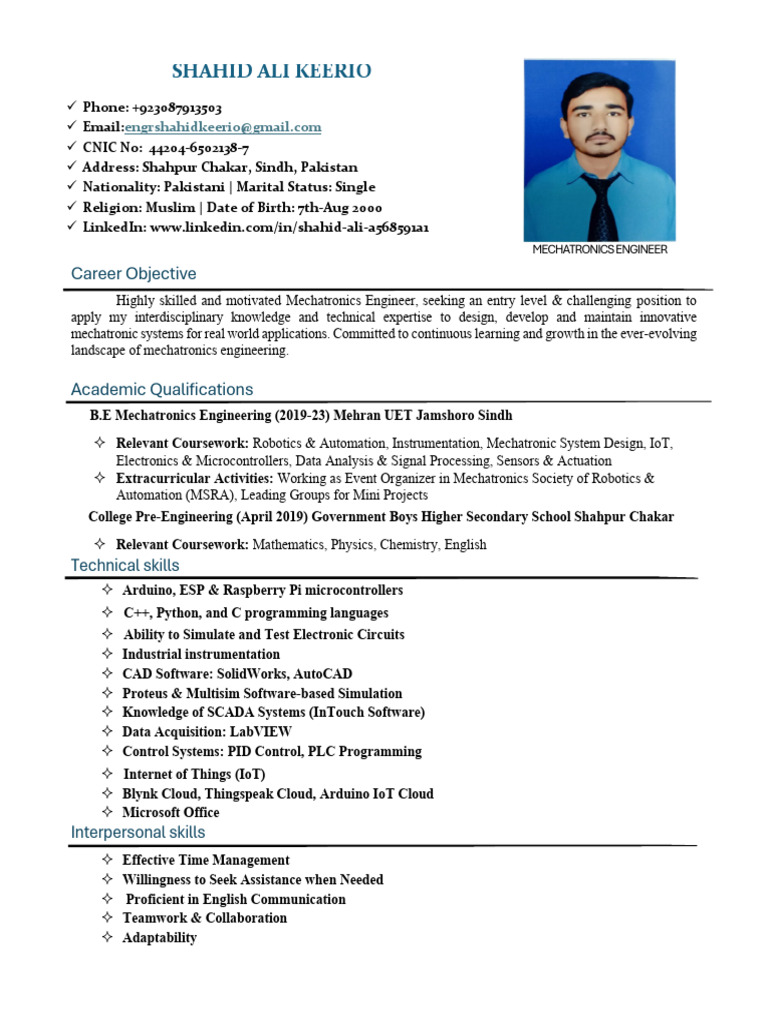 CV Shahid Updated | PDF | Mechatronics | Robotics