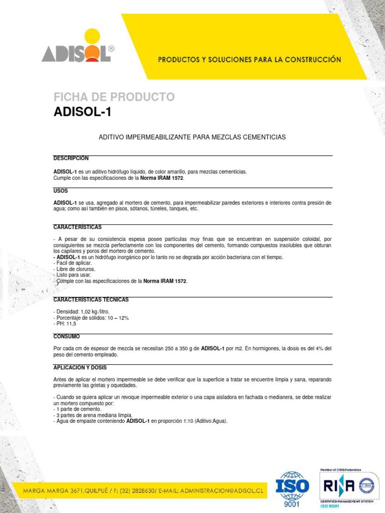 Aditivo Impermeabilizante ADISOL-1 | PDF | Mortero (Albañilería) | Agua