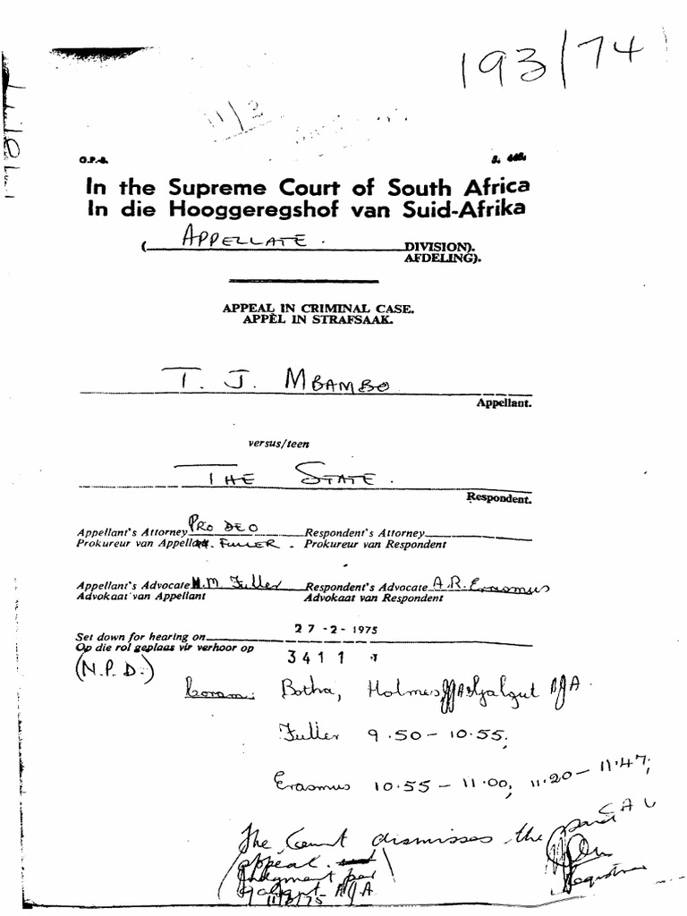 S V Mbambo (19374) 1975 ZASCA 7 (11 March 1975) | PDF | Confession (Law) | Witness