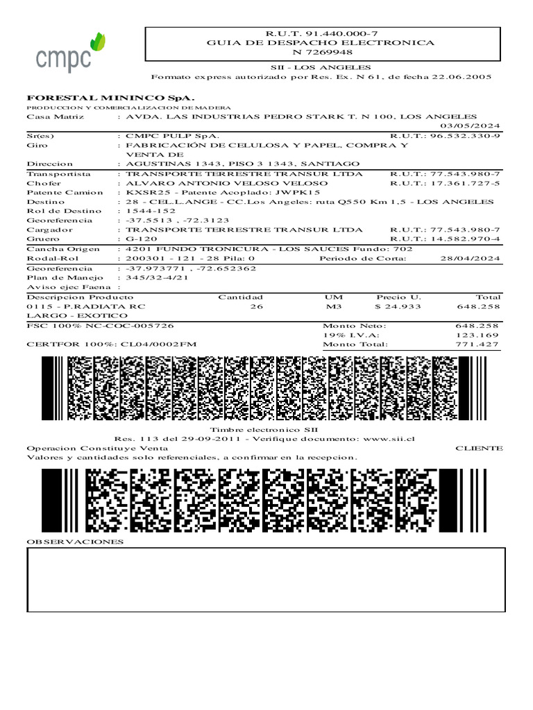 Forestal Mininco Spa.: R.U.T. 91.440.000-7 Guia de Despacho Electronica ...