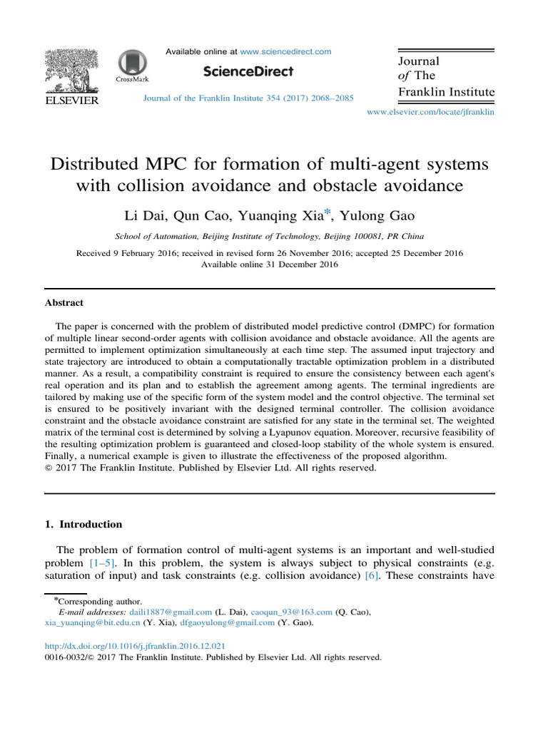 Distributed MPC For Formation of Multi-Agent Systems With Collision ... Distributed MPC For Formation of Multi-Agent Systems With Collision ...