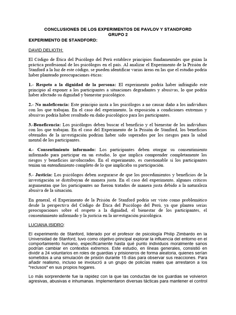 Conclusiones de Los Experimentos de Pablov y Standford - Grupo 2 | PDF | Comportamiento ...