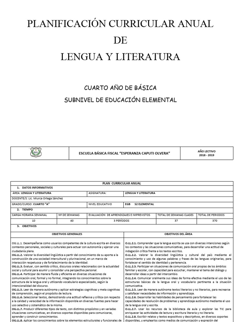 Pca Lengua y Literatura Cuarto | PDF | Comunicación | Aprendizaje