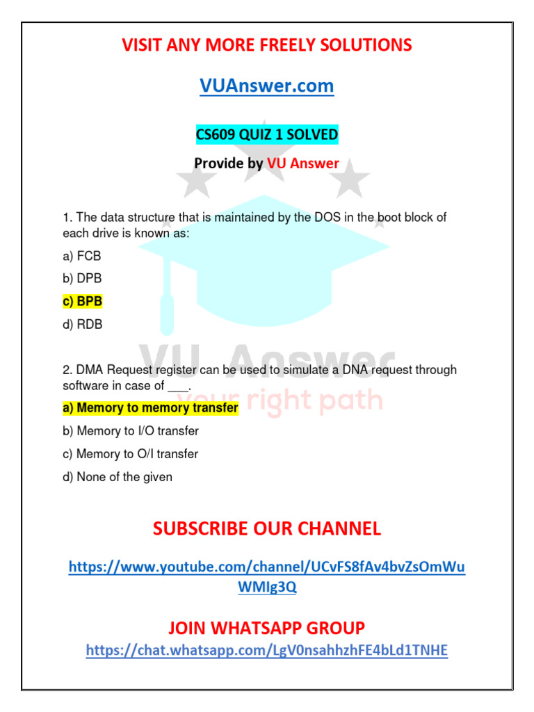 CS609 Quiz 1 Solved by VU Answer | PDF | Computer Architecture | Booting