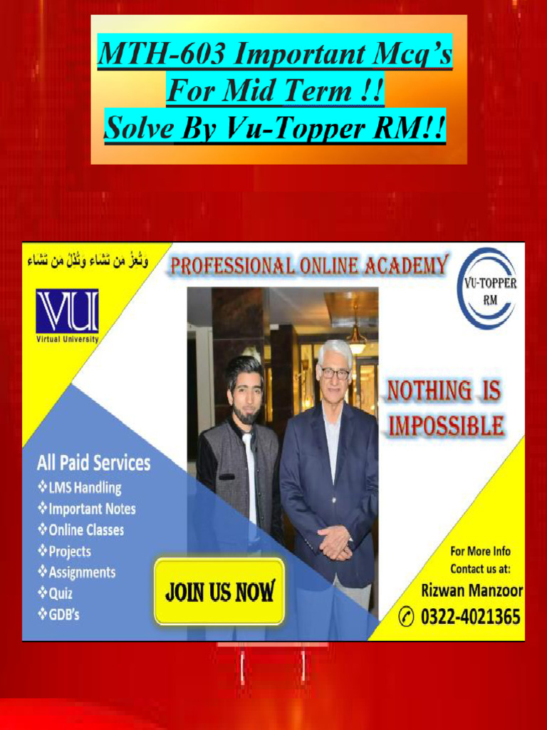 MTH603 Mcqs MidTerm by Vu Topper RM | PDF | Eigenvalues And Eigenvectors | Matrix (Mathematics)