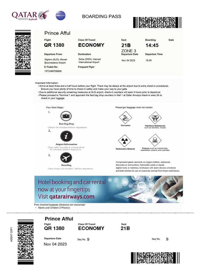 Qatar Airways Boarding Pass Details | PDF | Baggage | Airport