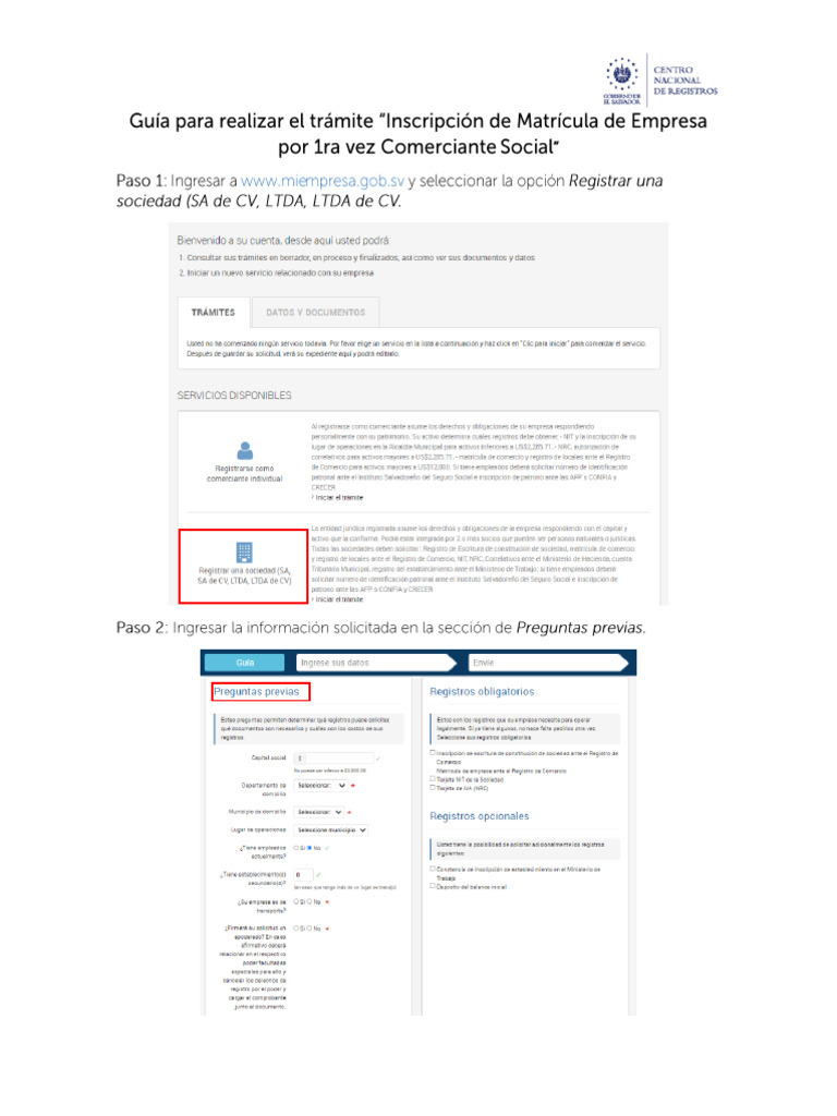 Guia para Realizar El Tramite Inscripcion de Matricula de Empresa Comerciante Social | PDF