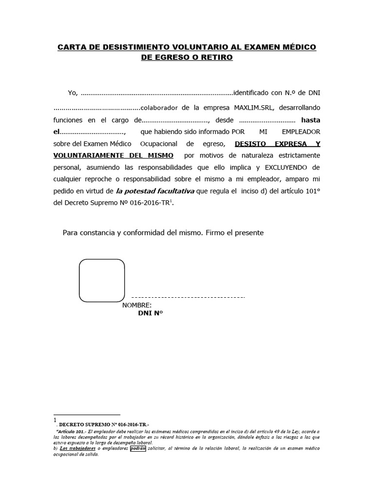 Carta de Desistimiento Voluntario Al Examen Médico de Egreso | PDF | Crecimiento personal y ...