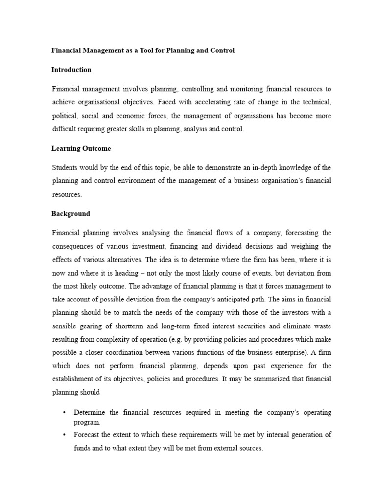 Financial Management As A Tool For Planning and Control - Nature and ...
