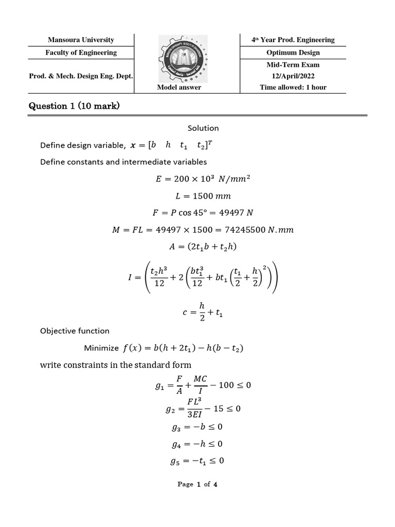Model Ans Exam 2022 - Optimum Design | PDF | Mathematical Optimization | Mathematical Analysis