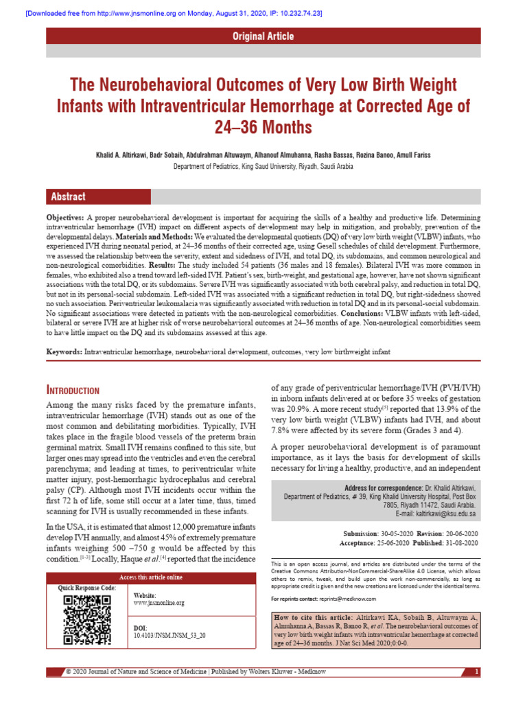The Neurobehavioral Outcomes of Very Low | PDF | Clinical Medicine ...