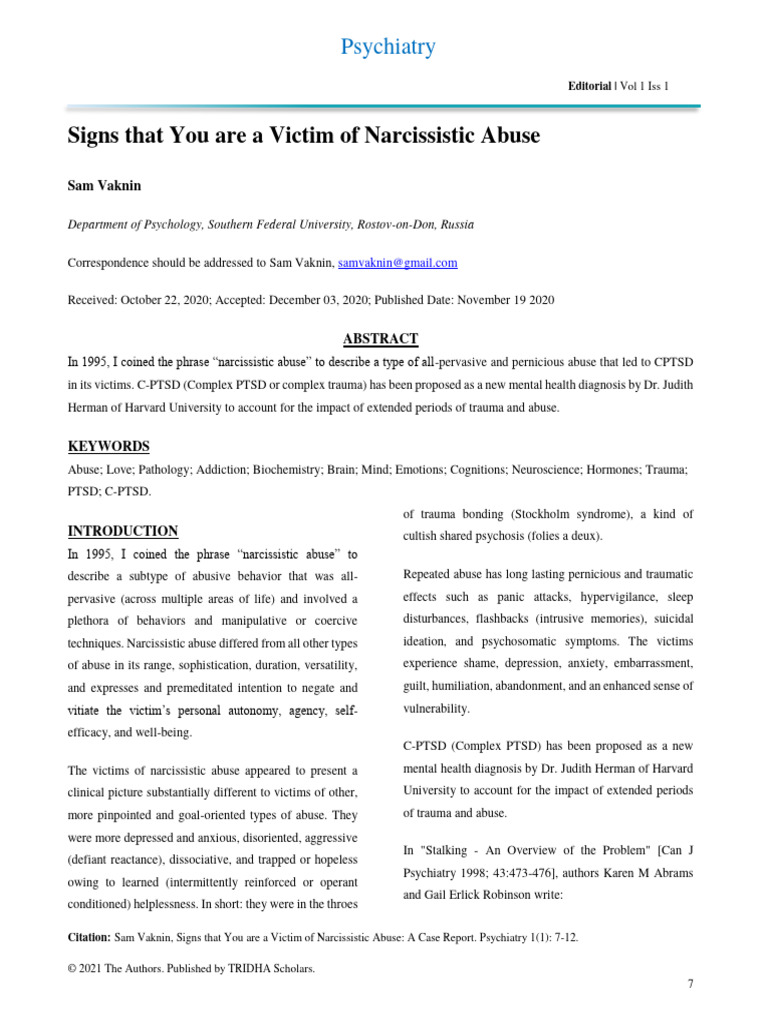 Signs That You Are A Victim of Narcissistic Abuse PSY 1 1002 | PDF ...
