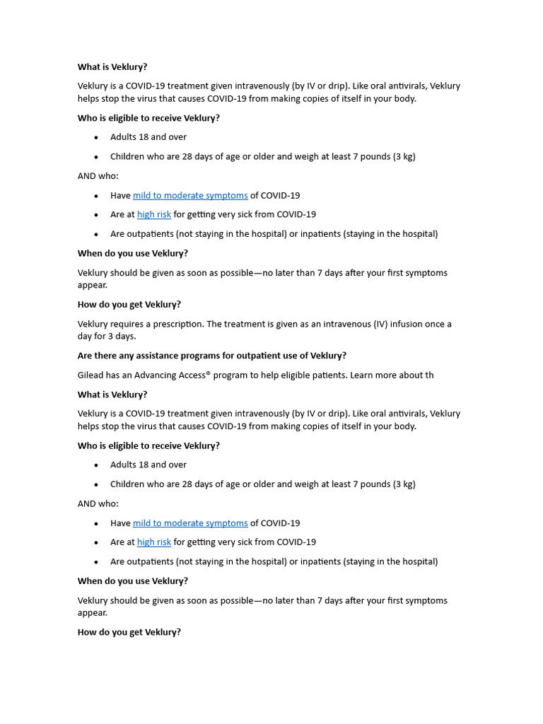 What is Veklury covid | Download Free PDF | Patient | Intravenous Therapy
